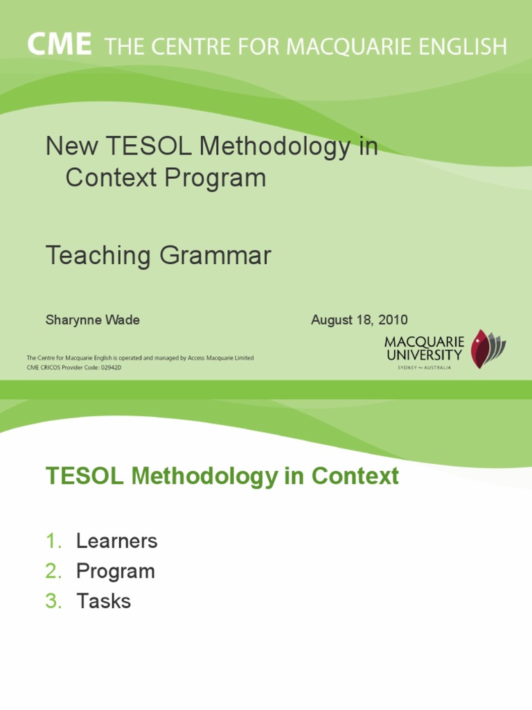 New TESOL Methodology in Context Program Teaching Grammar: Sharynne ...