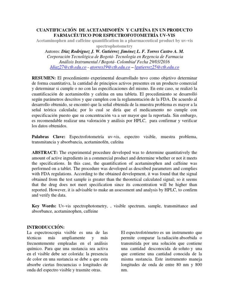 Cuantificación De Acetaminofén Y Cafeína Pdf Espectrofotometria