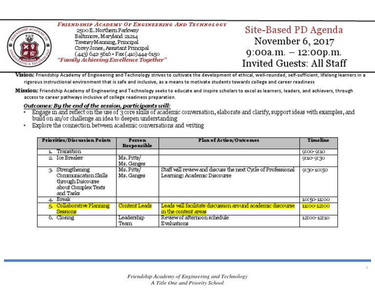 11-6 Site-Based PD Agenda Academic Conversation 1 | PDF | Leadership ...