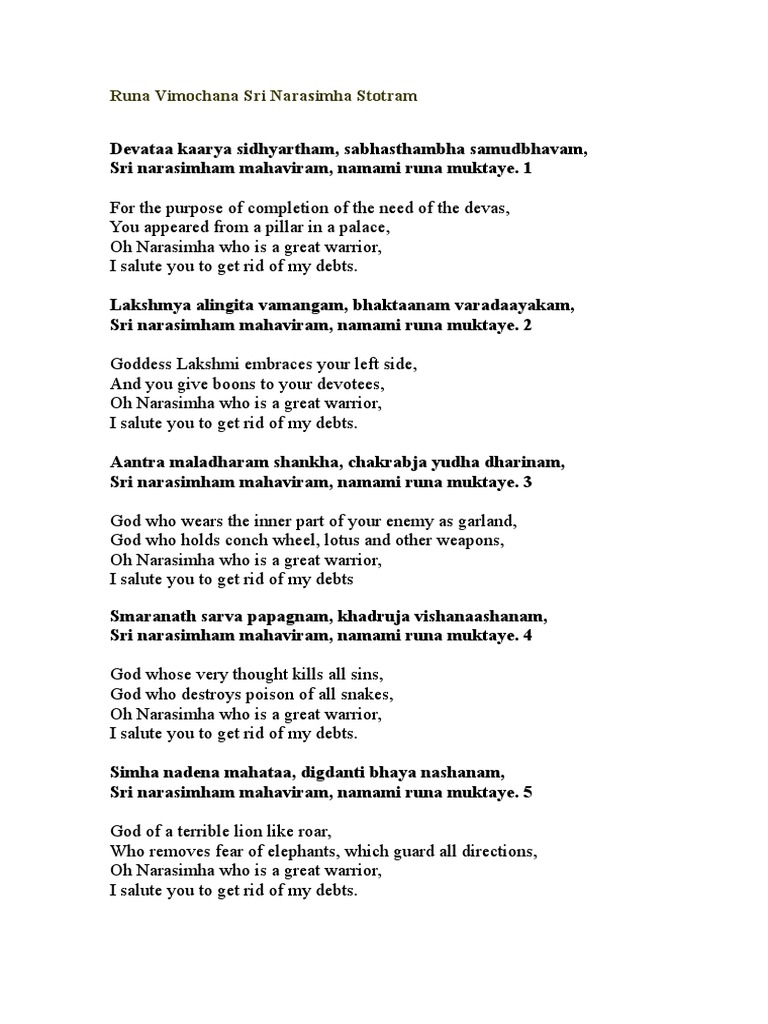Runa Vimochana Sri Nrusimha Stotram | PDF | Religion & Spirituality