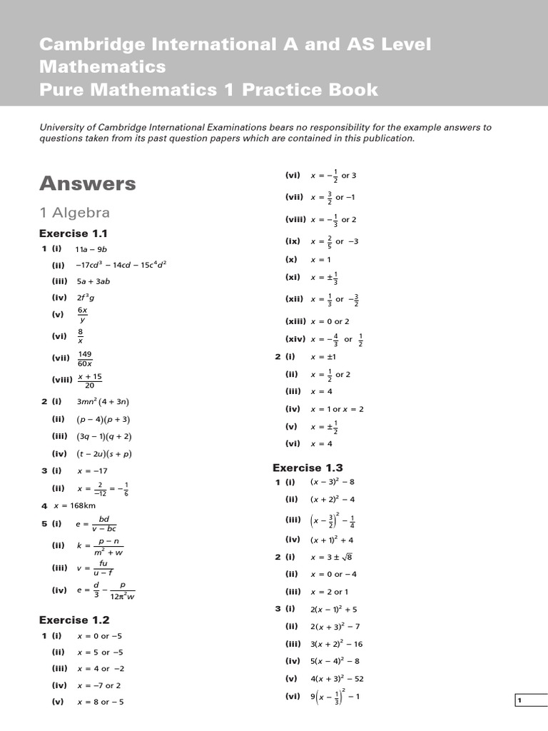 Cambridge Intl AS A Level P1 Maths - 196337 - Answers Only PDF | PDF ...