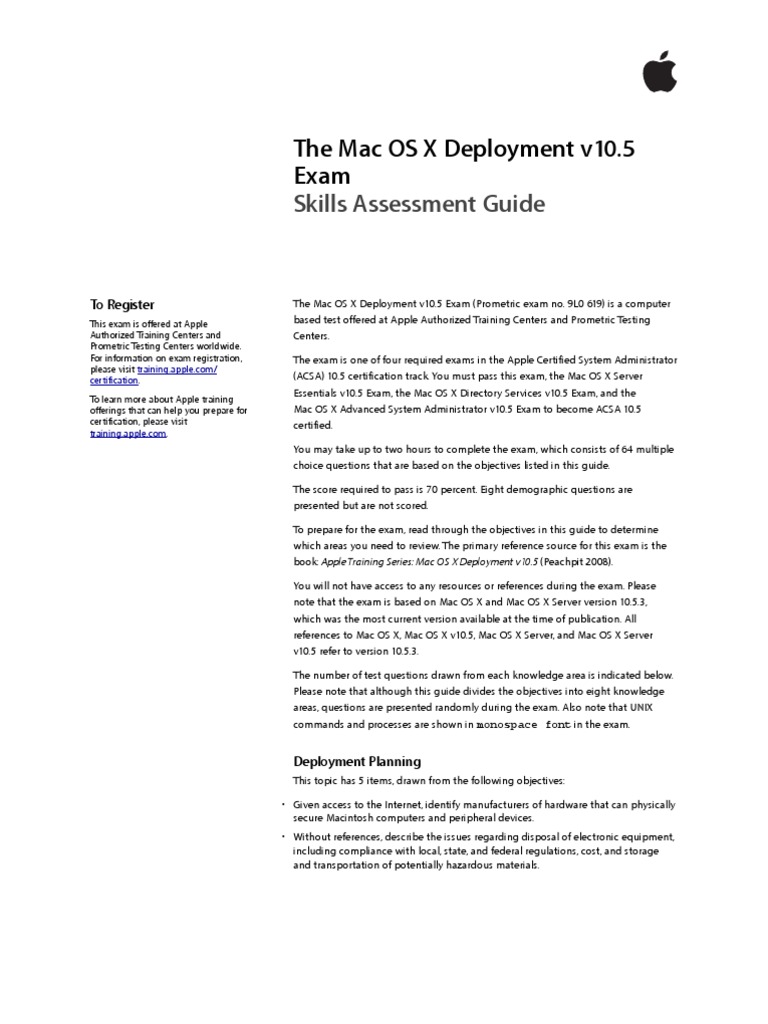 The Mac OS X Deployment v10.5 Exam: Skills Assessment Guide | PDF