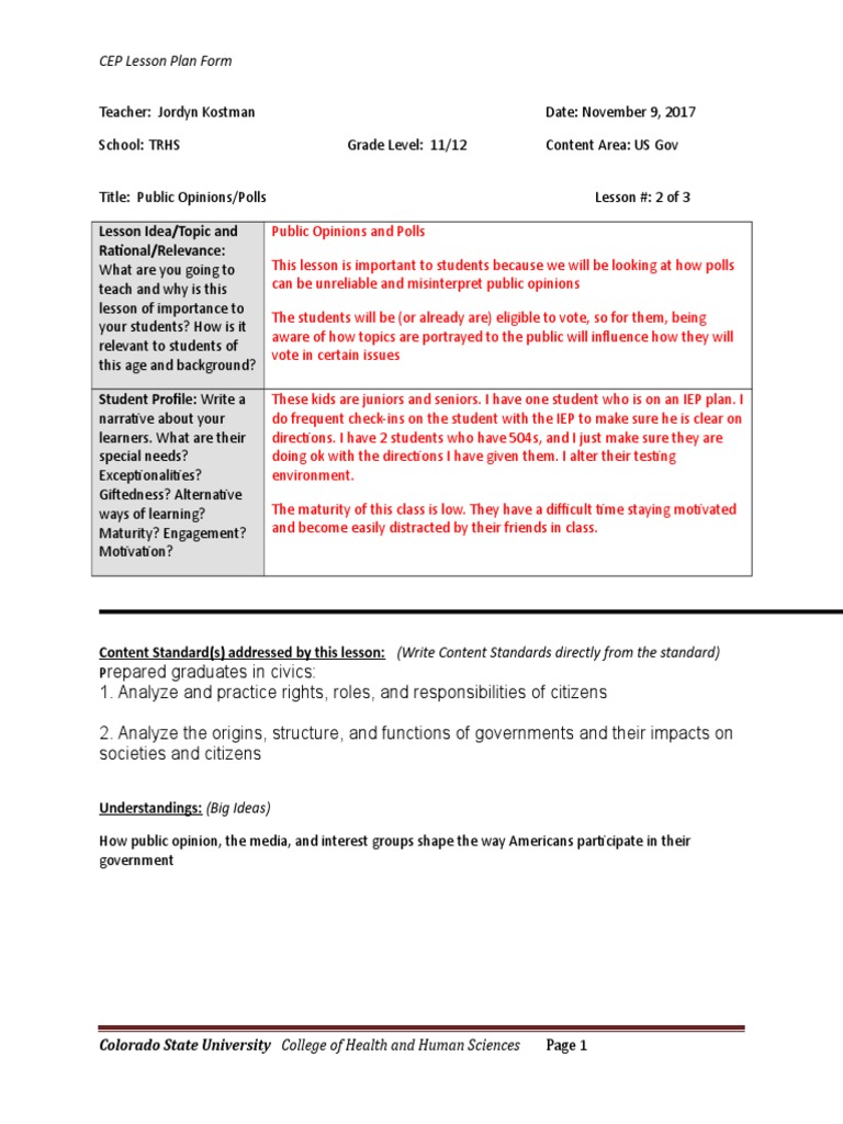 Cep Lesson Plan Template Public Opinion and Polls | PDF | Lesson Plan | Educational Assessment