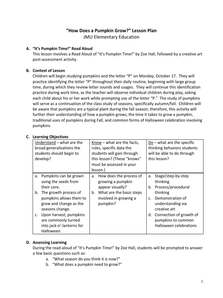 Lesson Plan - Pumpkin Time Read Aloud | PDF | Pumpkin | Vocabulary