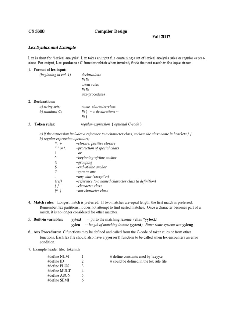 Lex Syntax and Example: CS 5300 Compiler Design Fall 2007 | PDF | C (Programming Language ...