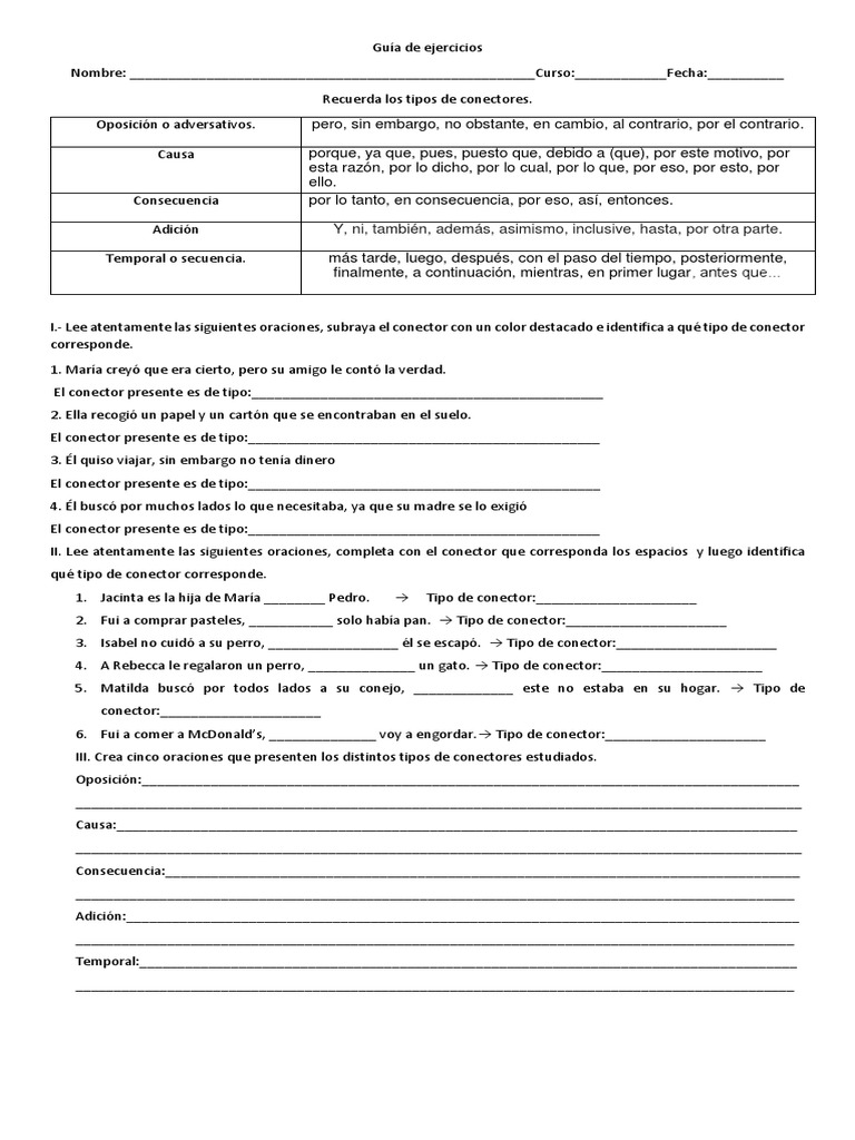 Ejercicios de conectores en español | PDF | Artes del Lenguaje y ...