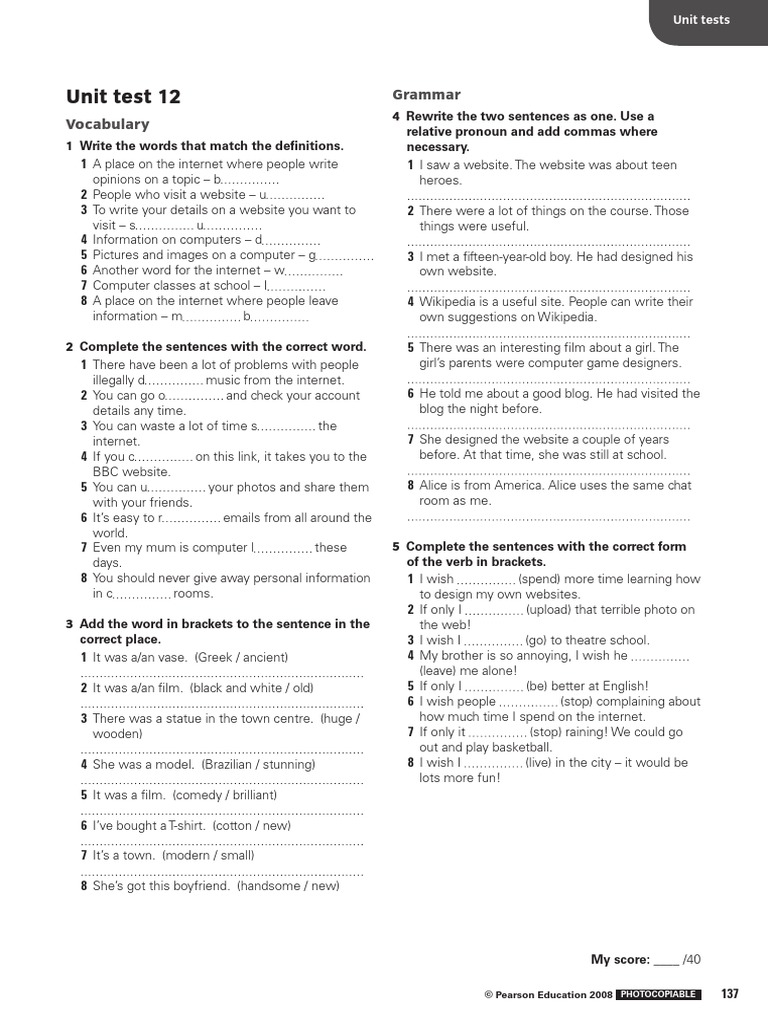 Unit Test 12: Vocabulary Grammar | PDF | Wikipedia | Internet