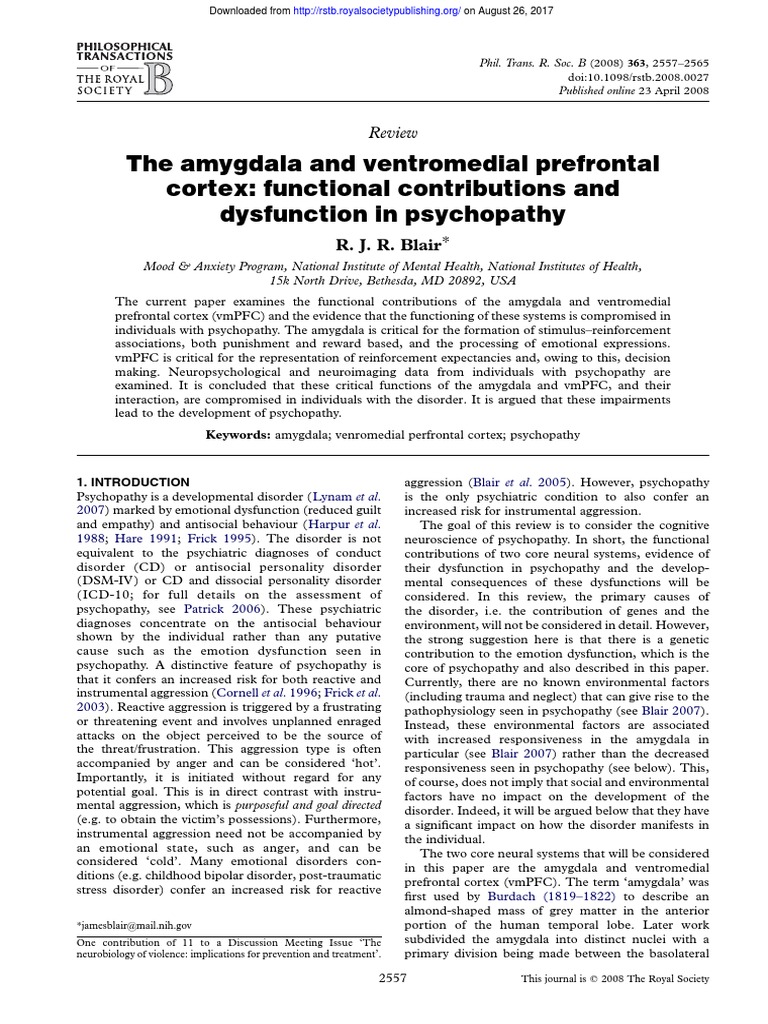 Amygdala and Ventromedial Prefrontal Cortex in Psychopathy | PDF ...