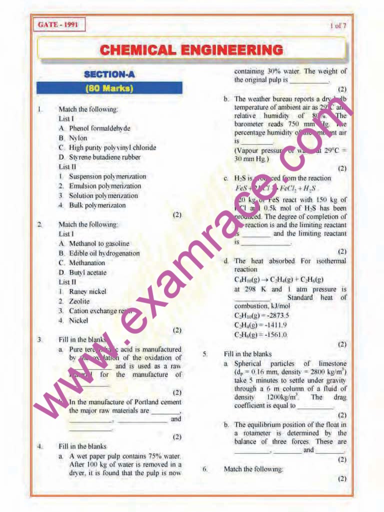 Gate Chemical Engineering 1991 Pdf Building Engineering Quantity 8561