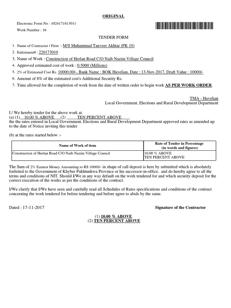 Original: Name of Work of Item Rate of Tender in Percentage (In Words ...