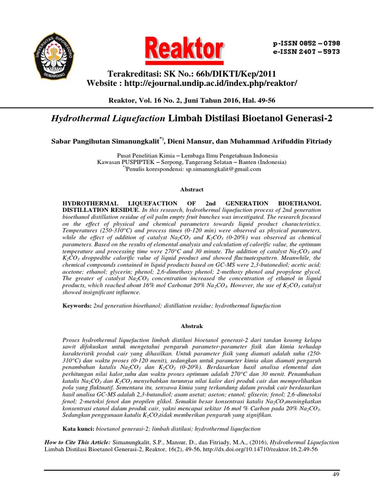 Hydrothermal Liquefaction Limbah Distilasi Bioetanol Generasi-2 | PDF