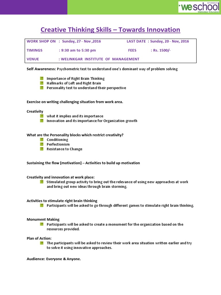 Creative Thinking Workshop for Innovation | PDF | Career & Growth