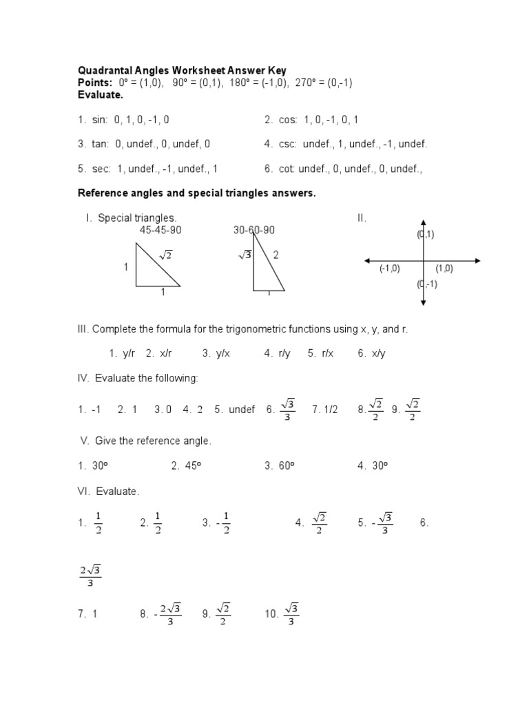 Quadrantal Angles Worksheet Answer Key Points: 0 Evaluate.: o o o o ...