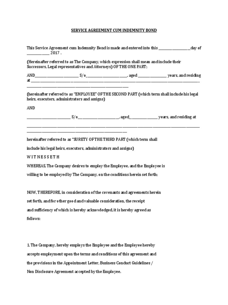Service Agreement Cum Indemnity Bond | PDF | Surety Bond | Indemnity