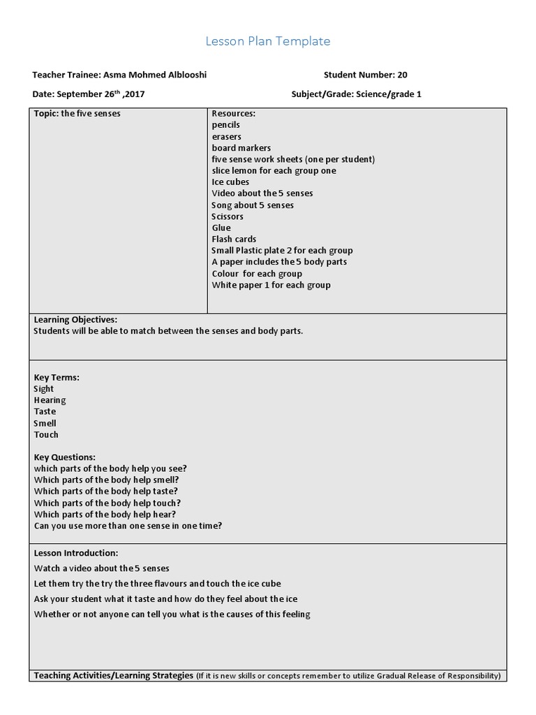 Lesson Plan | PDF | Senses | Lesson Plan
