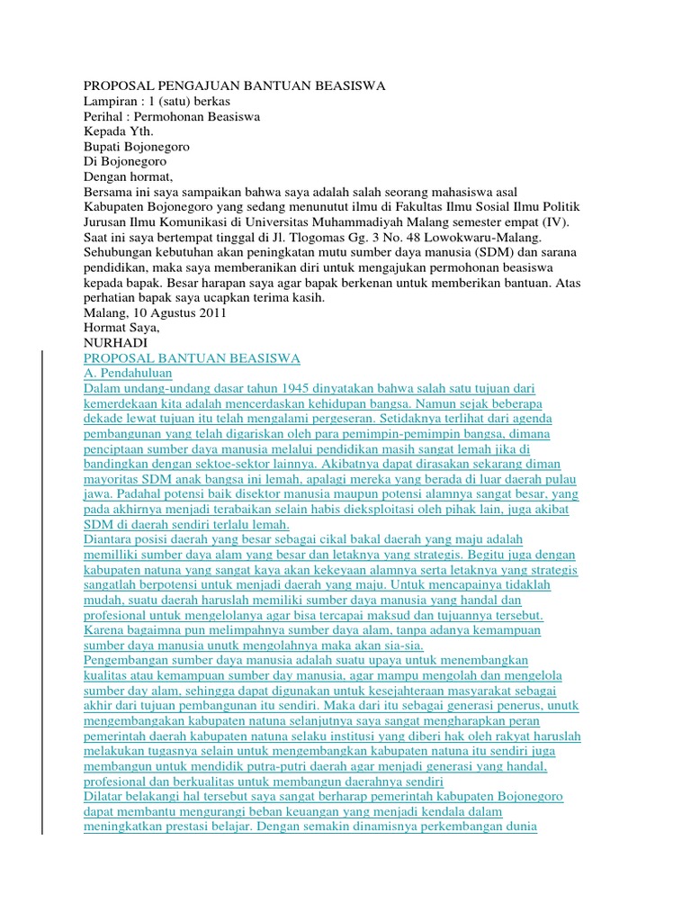 Proposal Pengajuan Bantuan Beasiswa | PDF