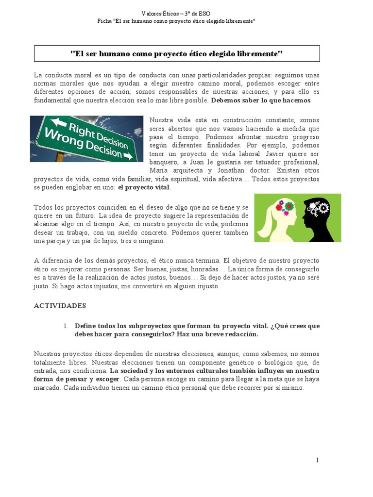 Valores Éticos - 3º de ESO Ficha "El Ser Humano Como Proyecto Ético Elegido Libremente" | PDF ...