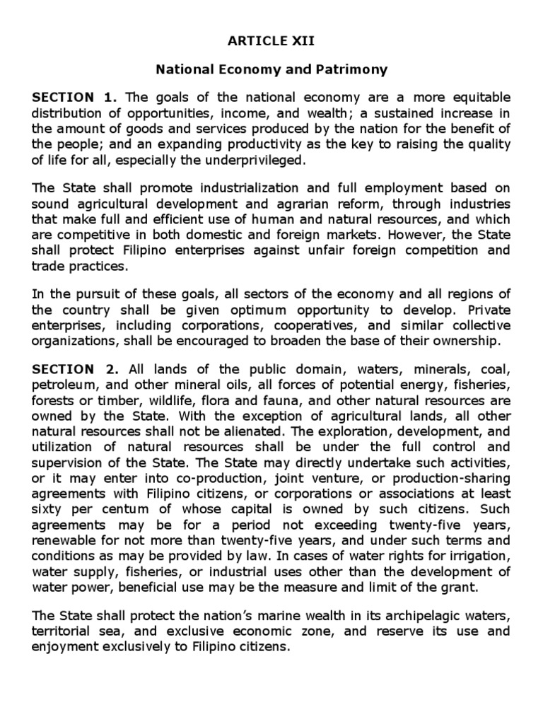 Article Xii National Economy and Patrimony SECTION 1. The Goals of The National Economy Are A ...