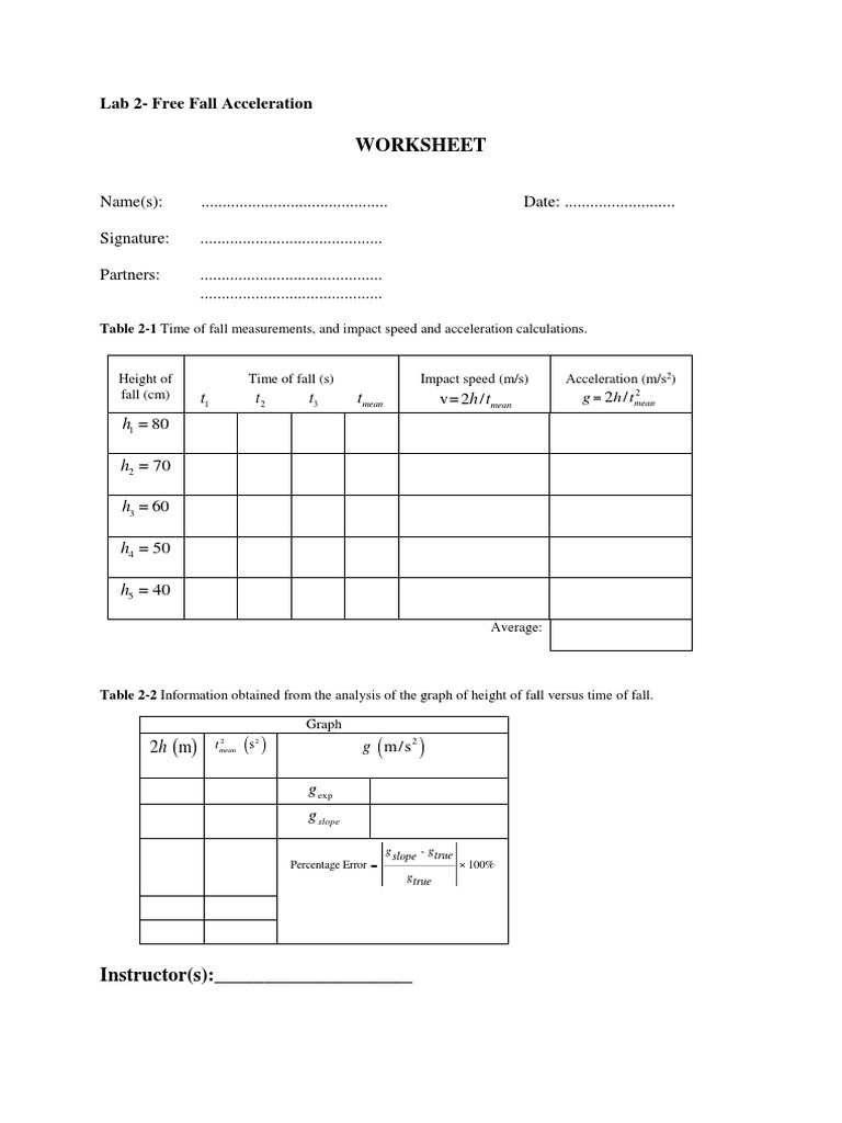 Worksheet: Lab 2-Free Fall Acceleration | PDF