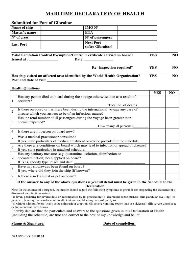 GPA Maritime Declaration of Health Form v2 13.10.14 | PDF | Quarantine ...