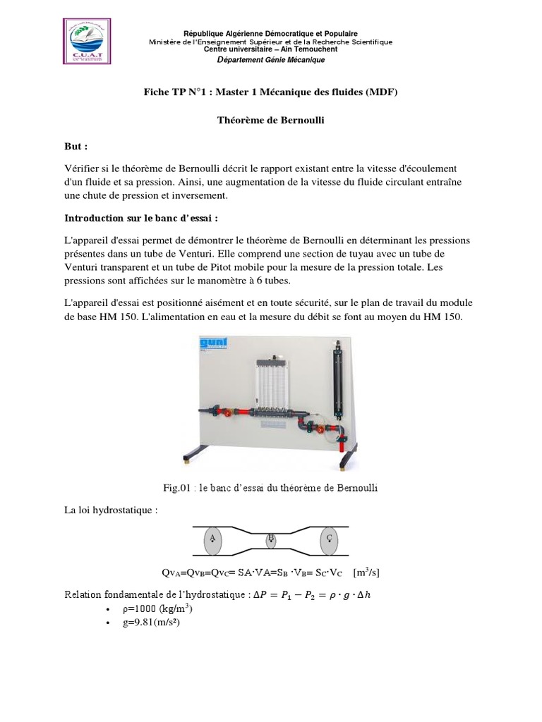 Fiche TP 1 | PDF | Pression | Dynamique des fluides