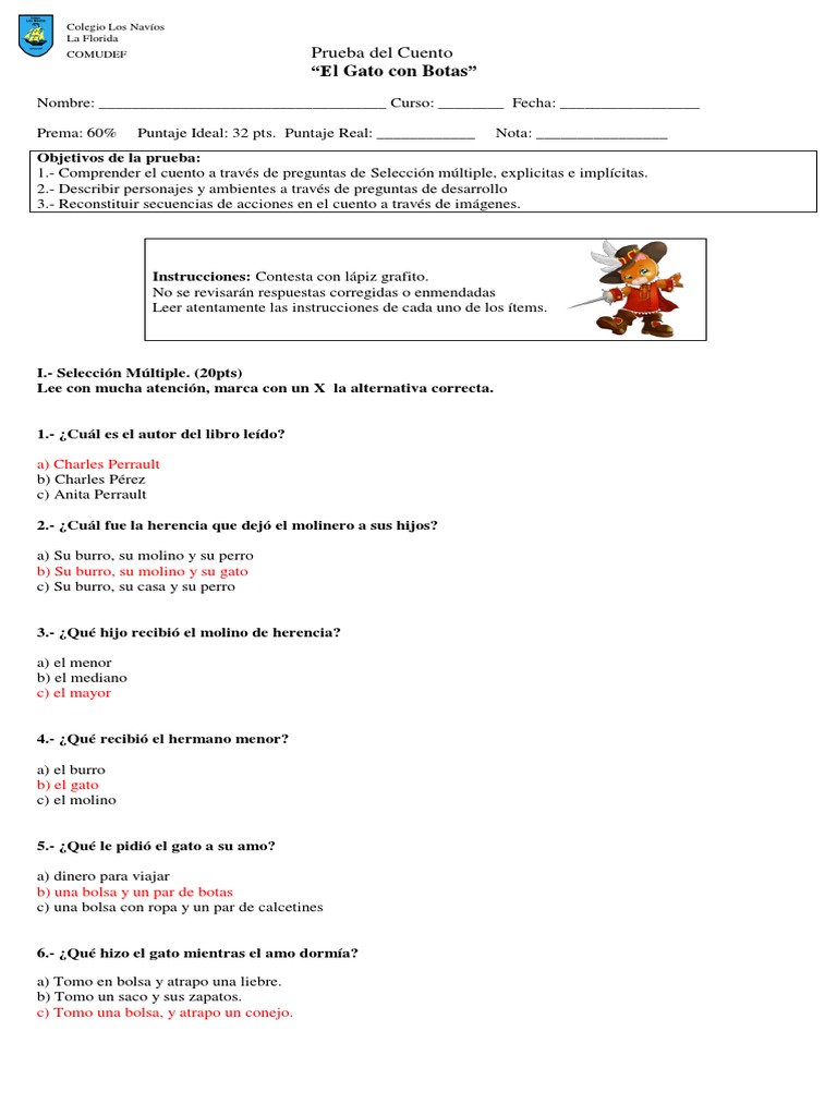 Prueba Del Gato Con Botas Correcion | PDF | Ocio