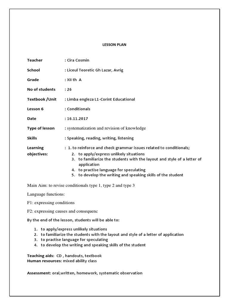 Plan de Lectie Clasa A 9a | PDF | Homework | Lesson Plan