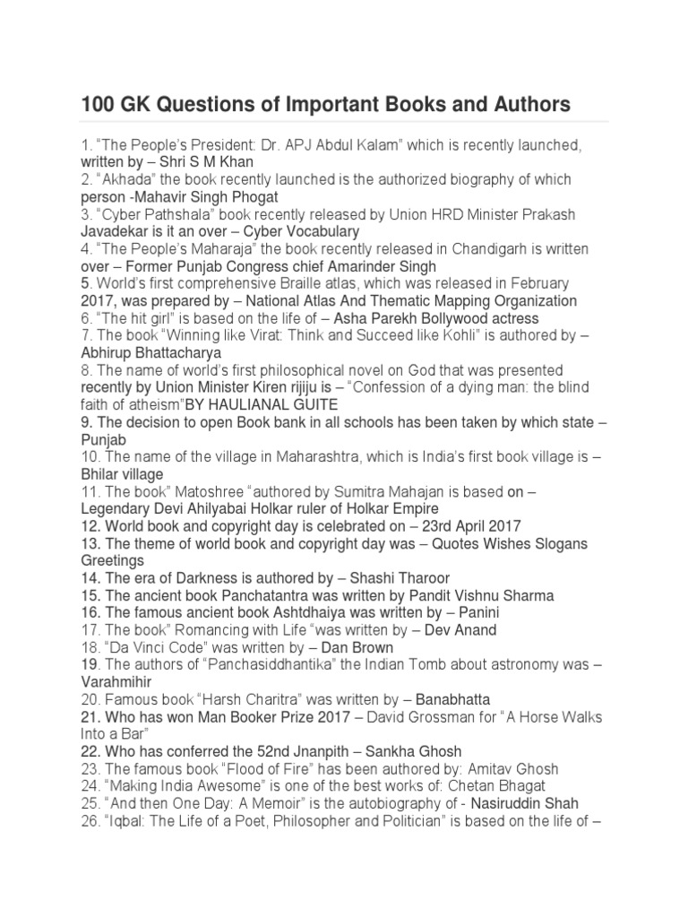 100 GK Questions of Important Books and Authors | PDF | Politics (General)