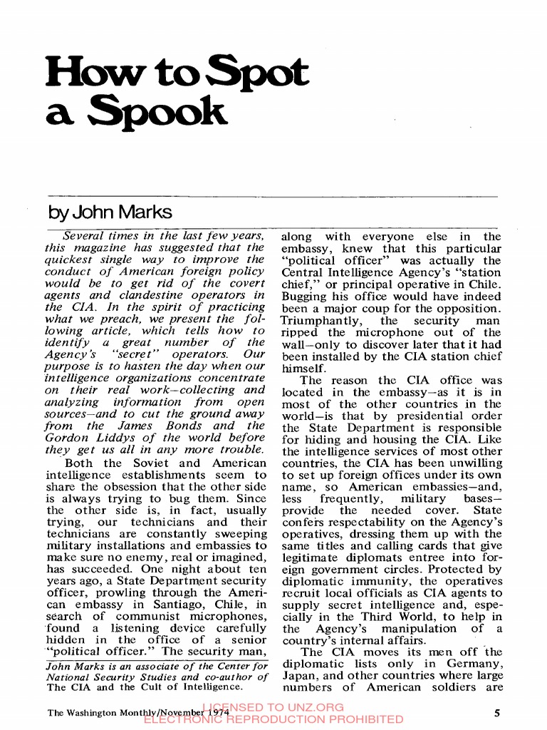 CIA-How To Spot A Spook, John Marks | PDF | Central Intelligence Agency ...
