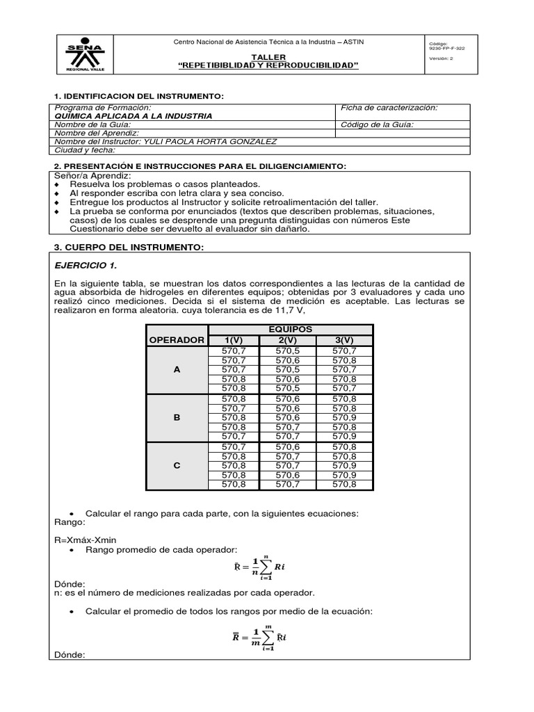 Taller Estudio de Repetibilidad y Reproducibilidad | PDF | Medición ...