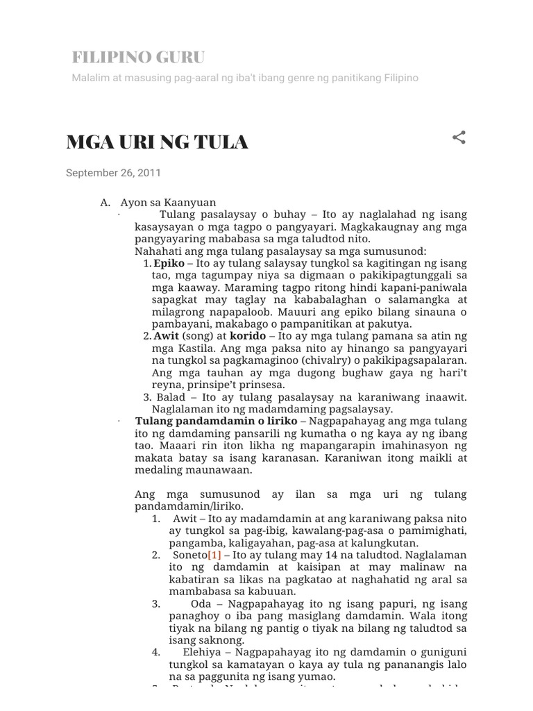 Mga Uri NG Tula | PDF