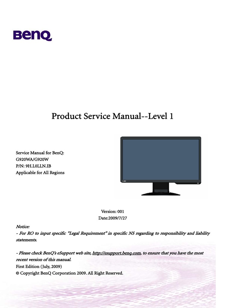 Benq G920wa g920w Service Manual | PDF | Rectifier | Menu (Computing)