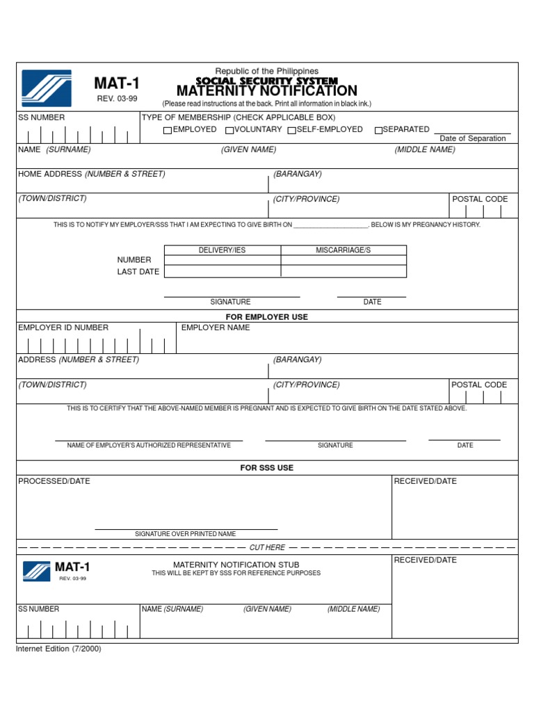 SSS Maternity Notification Form MAT-1 | PDF | Employment | Pregnancy