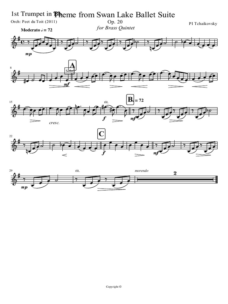 Theme From Swan Lake Ballet Suite Op. 20 - PI Tchaikovsky Brass Quintet ...