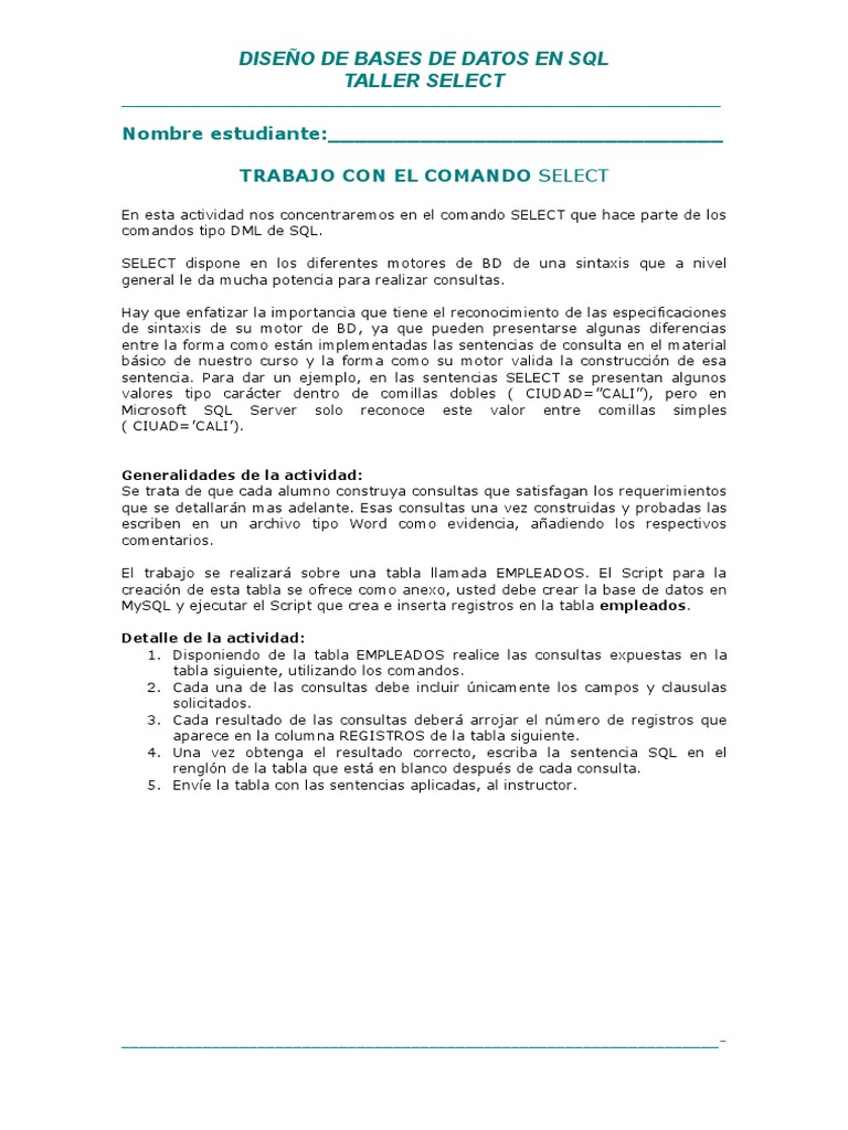 Consultas SELECT sobre la tabla EMPLEADOS | PDF | SQL | Tabla (base de ...