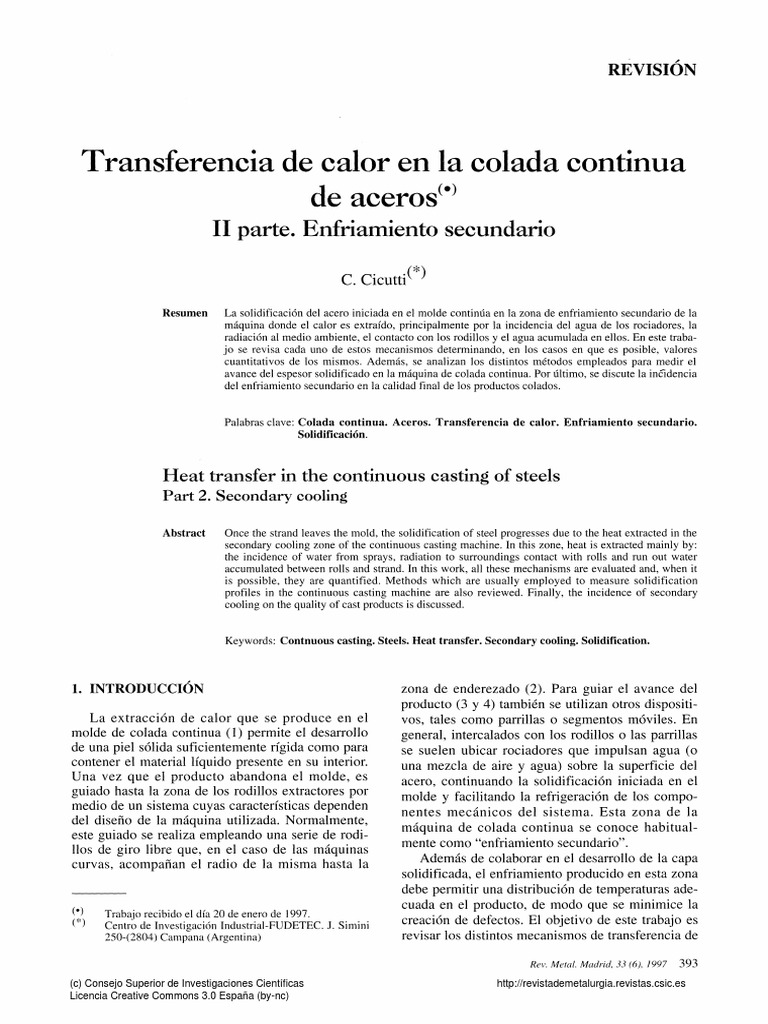 Colada Continua PDF | PDF | Calor | Agua