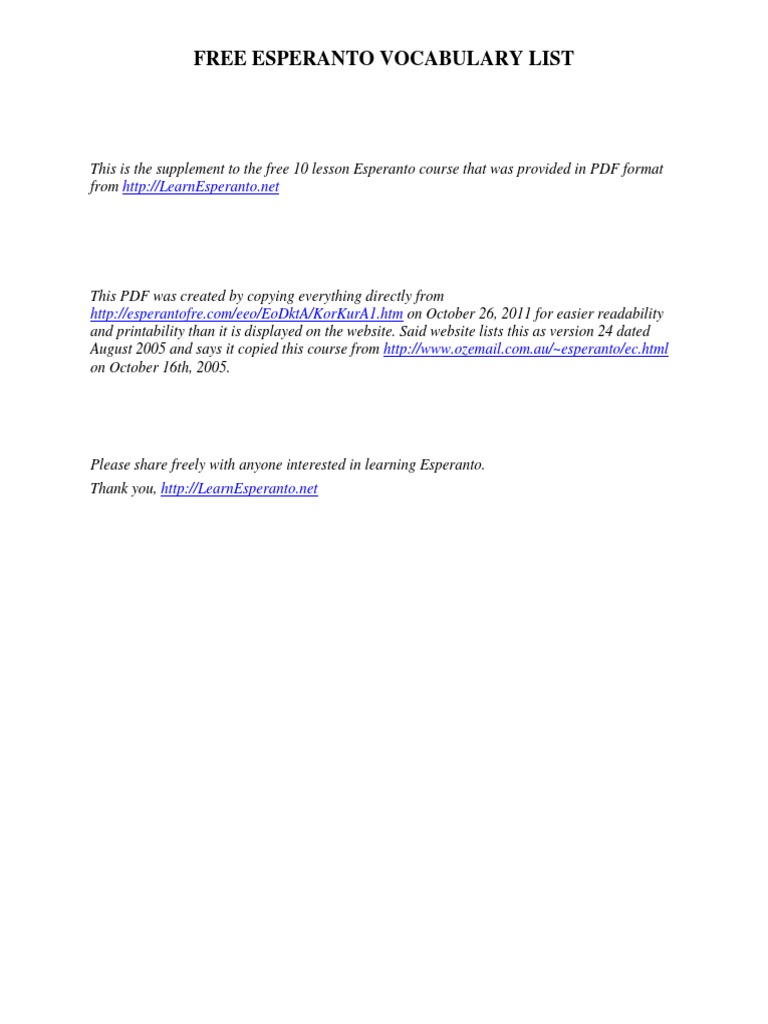 Free Esperanto Vocabulary Resource | PDF | Grammar | Linguistic Morphology