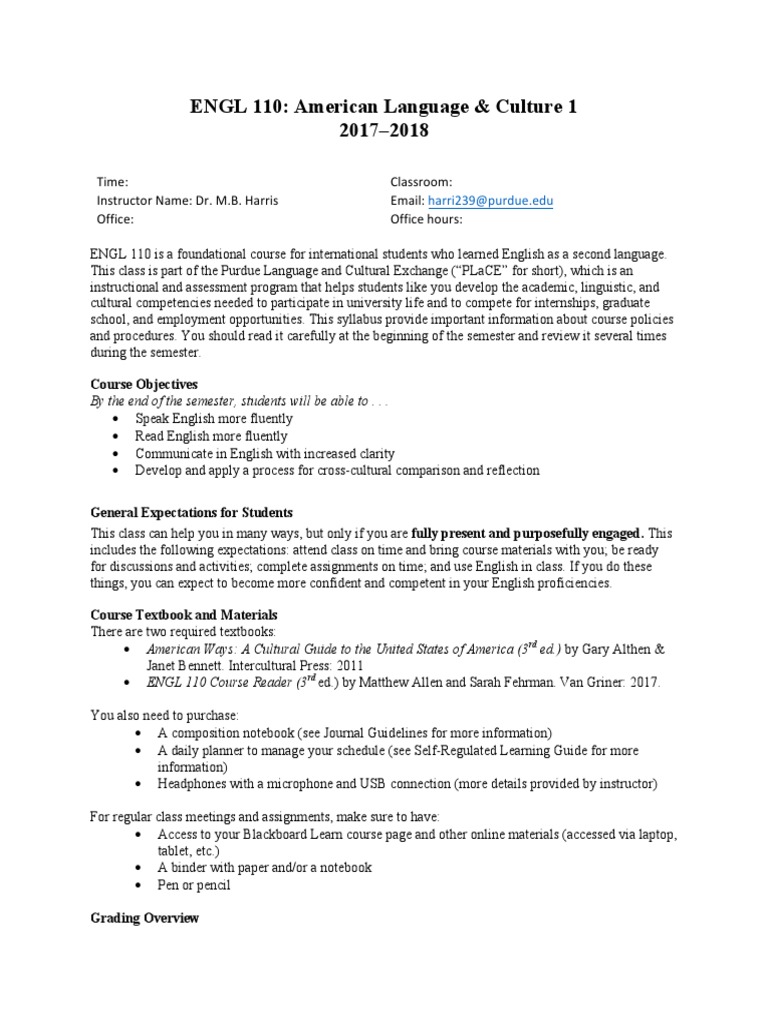 ENGL 110 Syllabus - Harris | PDF | Syllabus | Homework