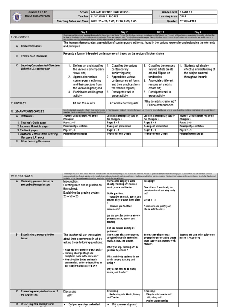 Lesson Plan - Contemporary Arts From The Philippines | PDF | Lesson ...