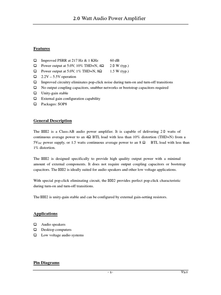 Ic Audio 8002 (2.0W) | PDF | Amplifier | Capacitor