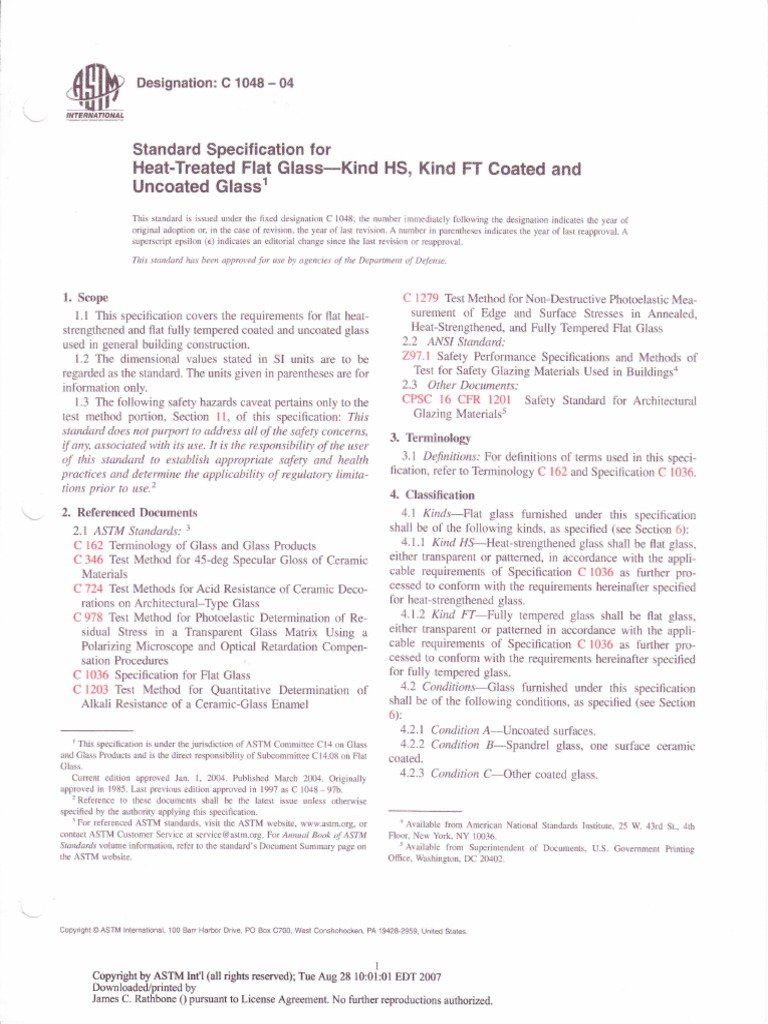 Astm c1048 Specification For Heat Treated Flat Glass | PDF | Glasses | Materials Science