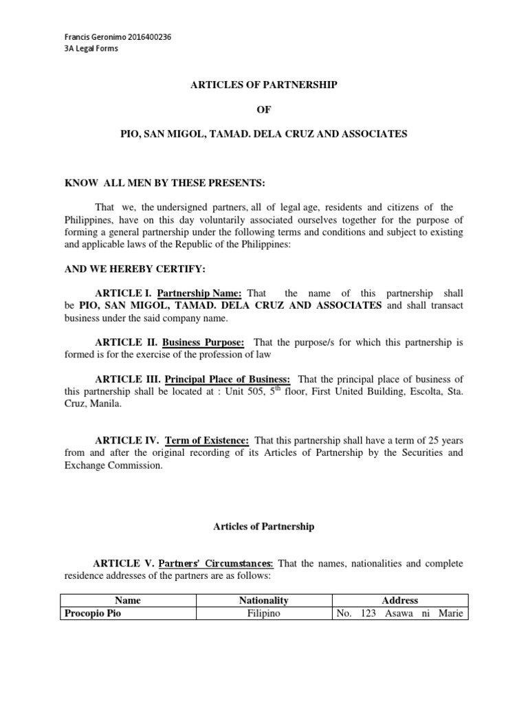 Articles of Partnership For General Partnerships | PDF | Partnership ...