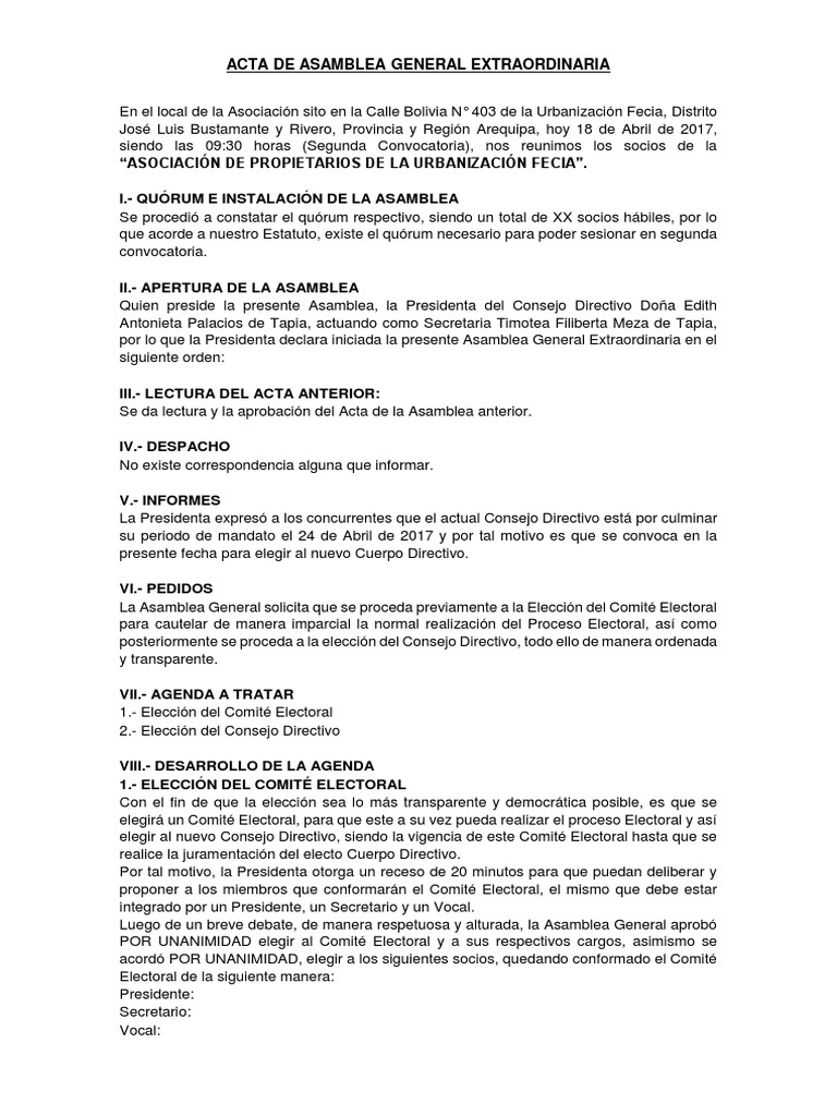 Acta de Asamblea General Extraordinaria - Eleccion Junta Directiva Fecia | PDF | Elecciones ...