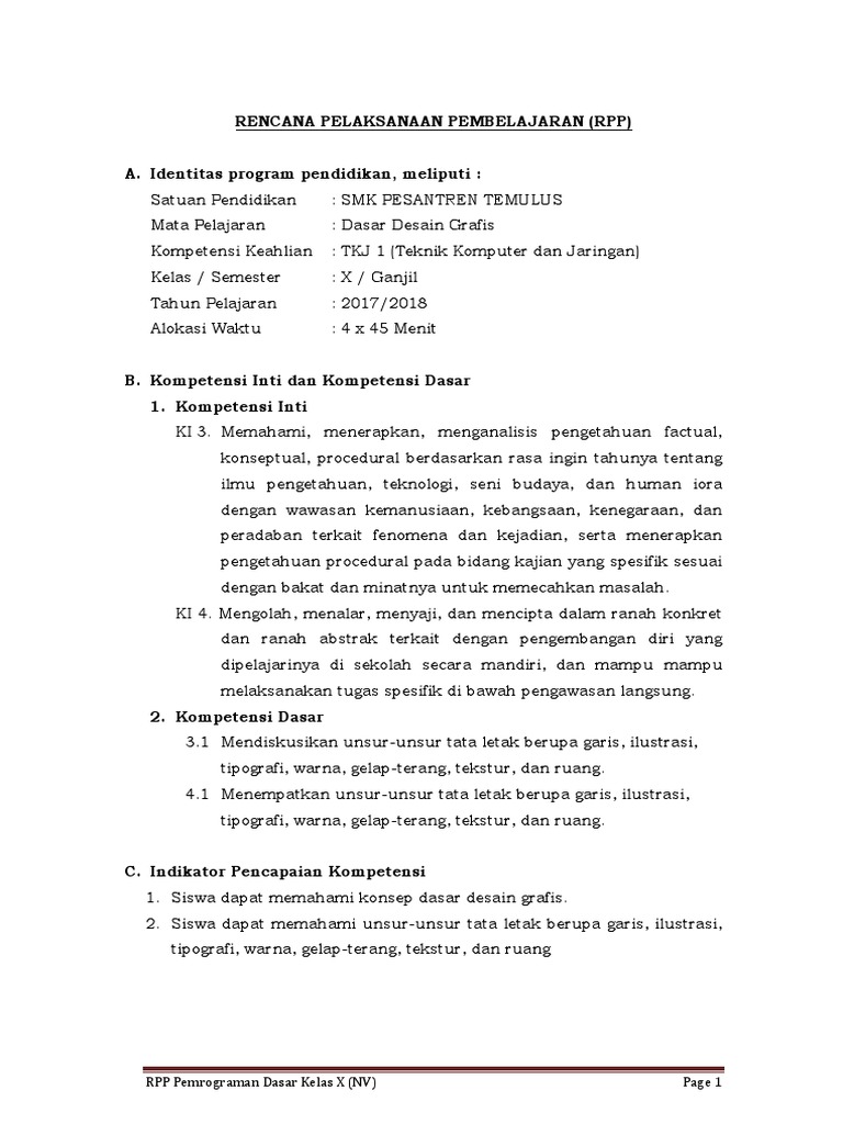 RPP 3.1 Dasar Desain Grafis Kelas X Semester Gassal | PDF