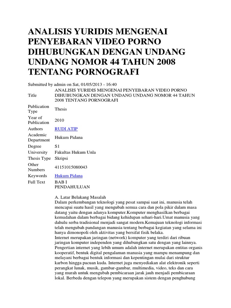 Analisis Yuridis Mengenai Penyebaran Video Porno Dihubungkan Dengan Undang Undang Nomor 44 Tahun ...