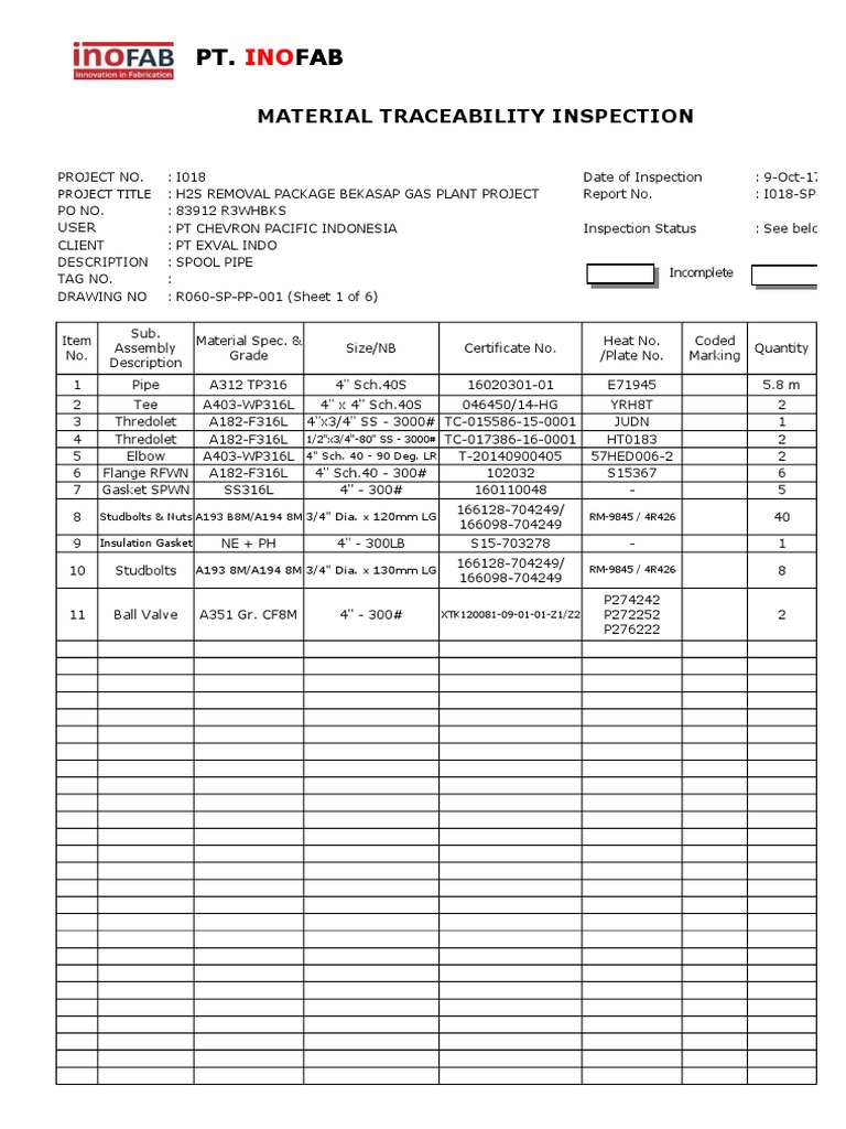 I018 - Material Traceability Inspection Pipe Spool | PDF | Pipe (Fluid ...