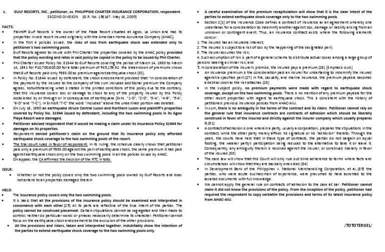 Gulf Resorts v. Pcic Digest | PDF | Insurance | Insurance Policy