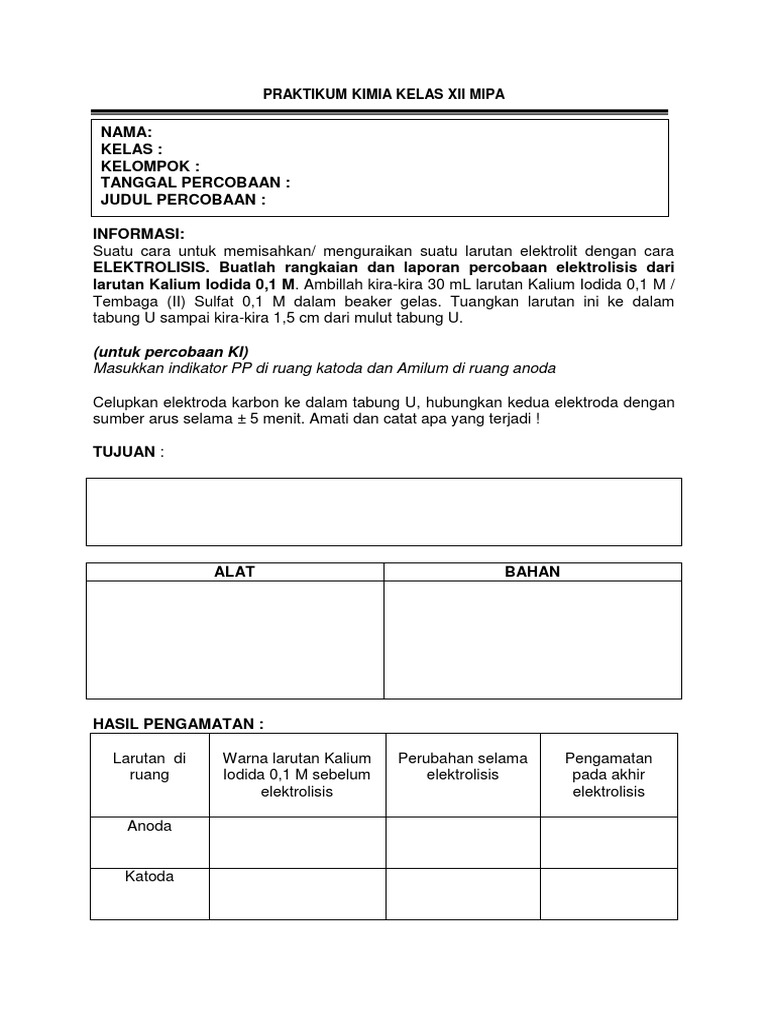 Praktikum Elektrolisis Kimia Kelas Xii Mipa | PDF