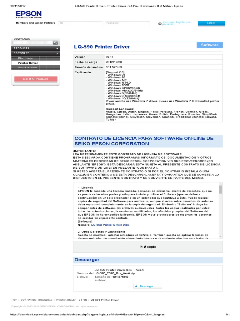 LQ-590 Printer Driver - Printer Driver Ver.4 - 24 Pin - Download - Dot Matrix - Epson - 2012.12. ...