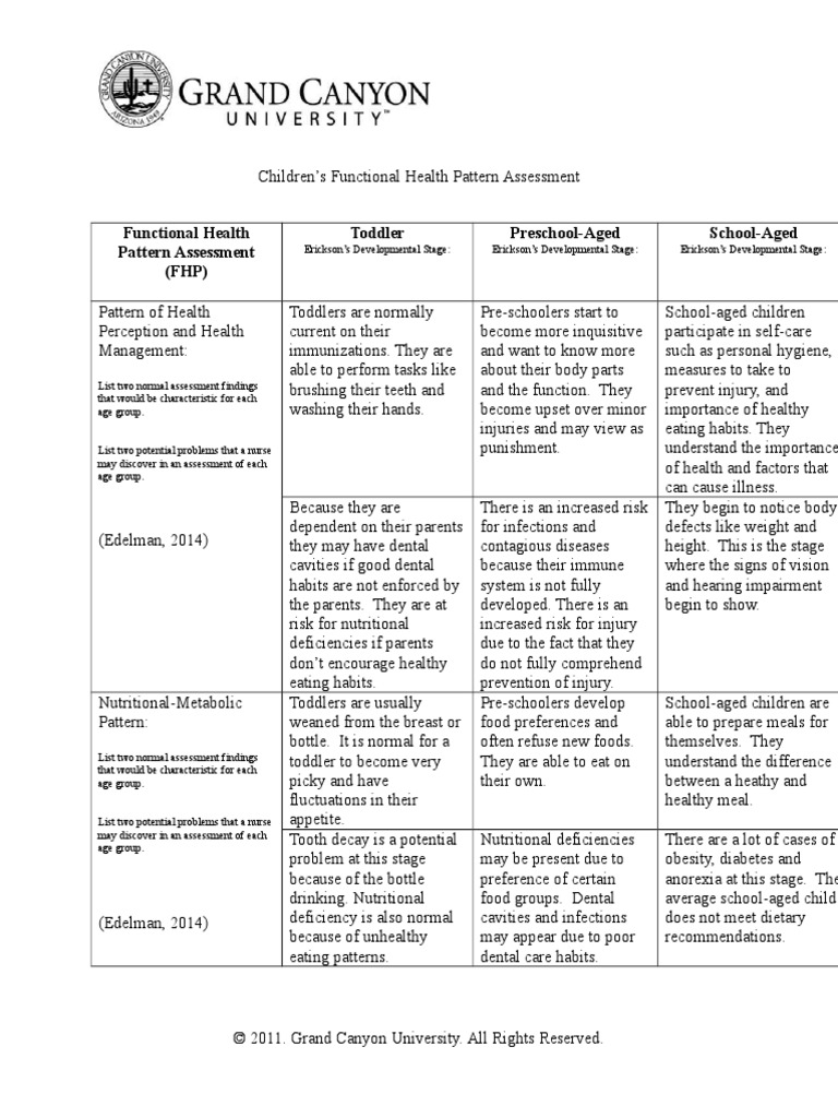 Children S Functional Health Pattern Assessment Student 3 | PDF ...